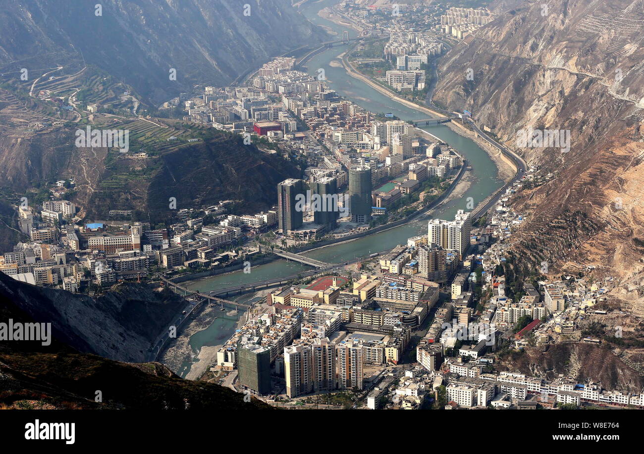 --FILE--Aerial view of the rebuilt Weizhou town affected by the May 12 ...