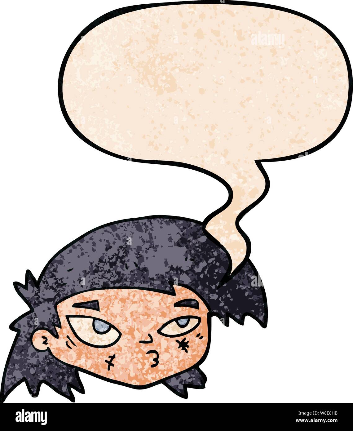 cartoon scratched up face with speech bubble in retro texture style ...