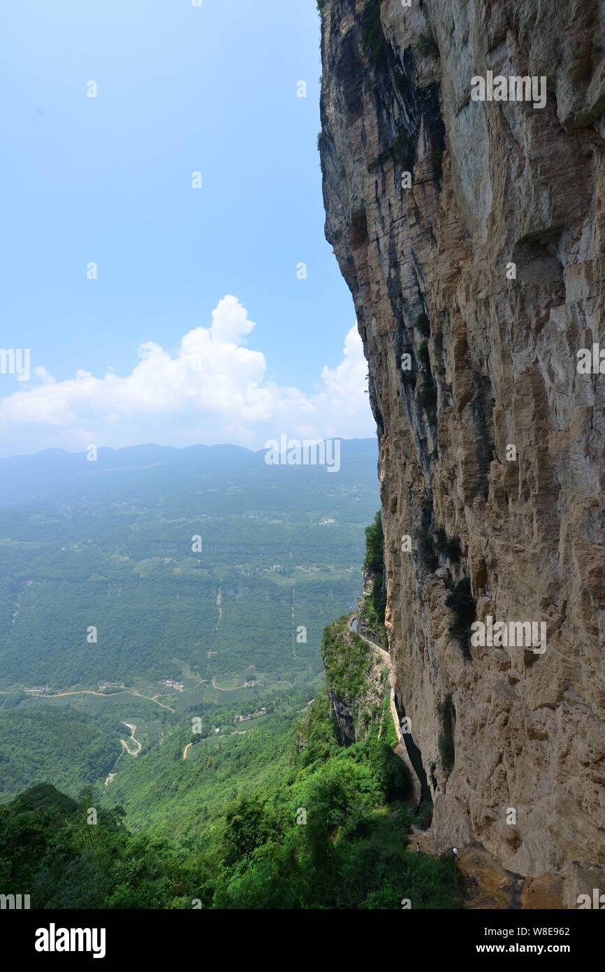View of the Hongqi Canal, an artificial aqueduct canal, along a cliff ...