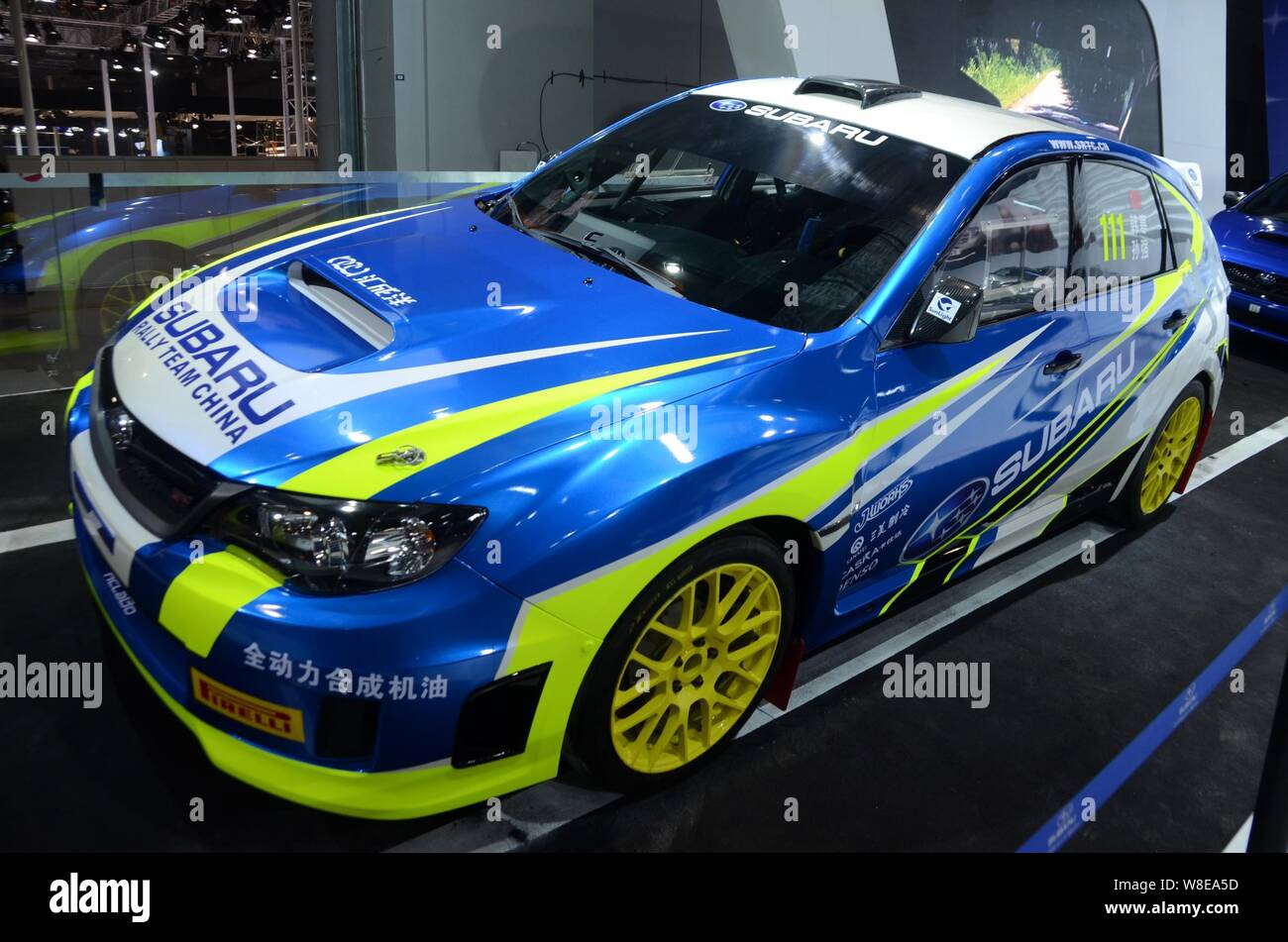 A Subaru car is seen at the National Exhibition and Convention Center ...