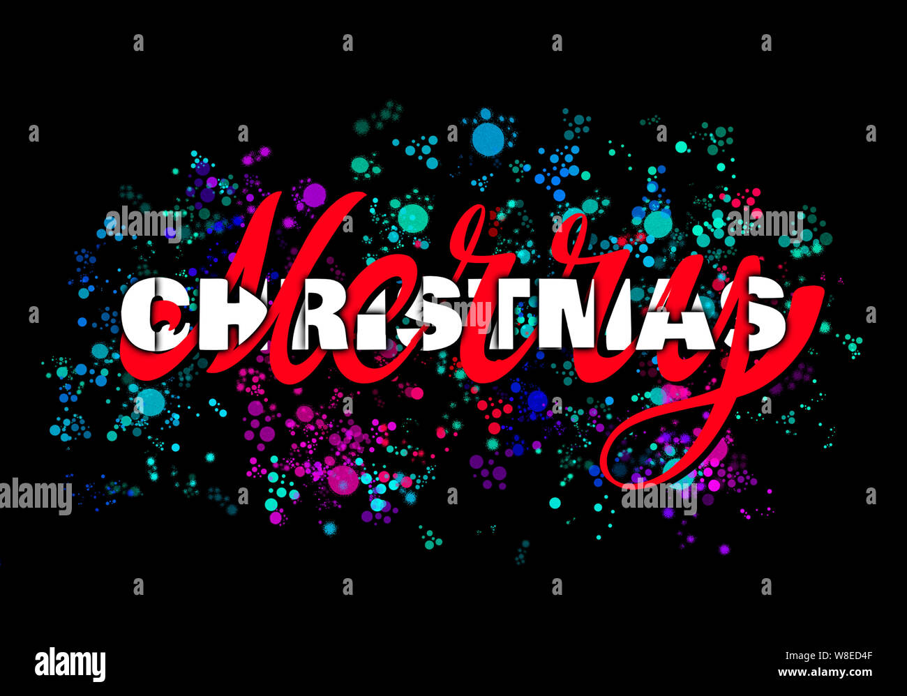 Festive hand lettering - Merry Christmas with colorful ink blots on ...