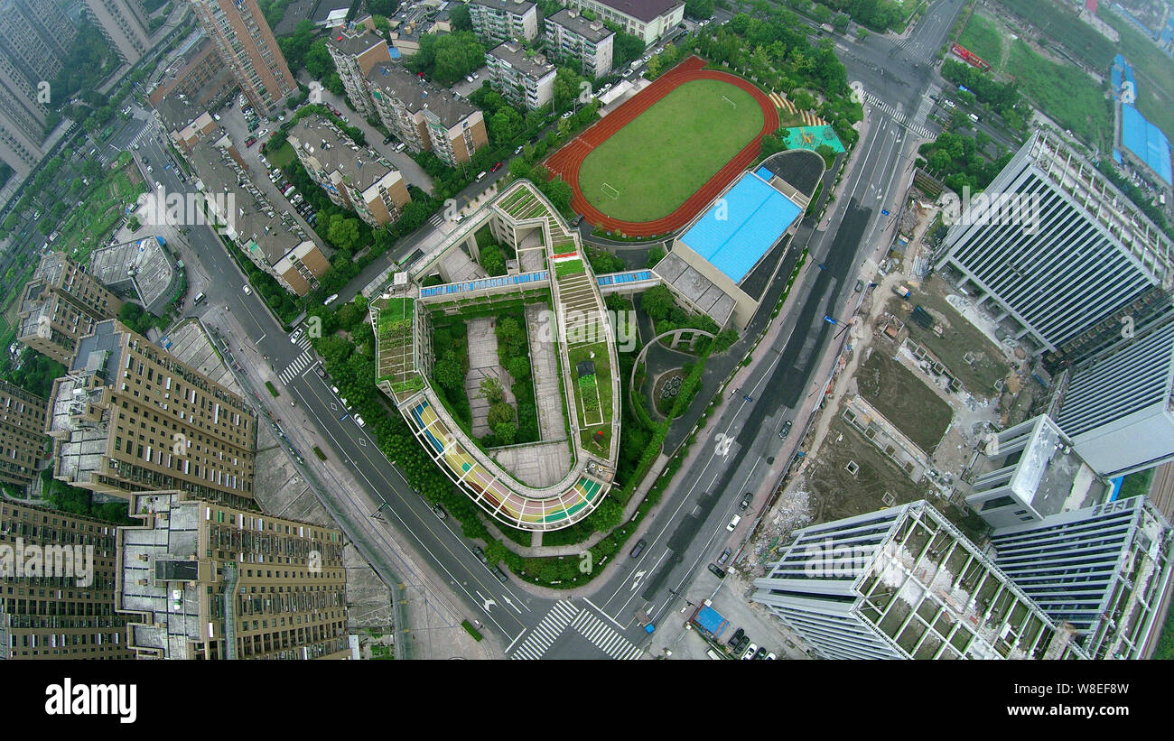 Aerial view of a garden on the rooftop of a building at an elementary ...