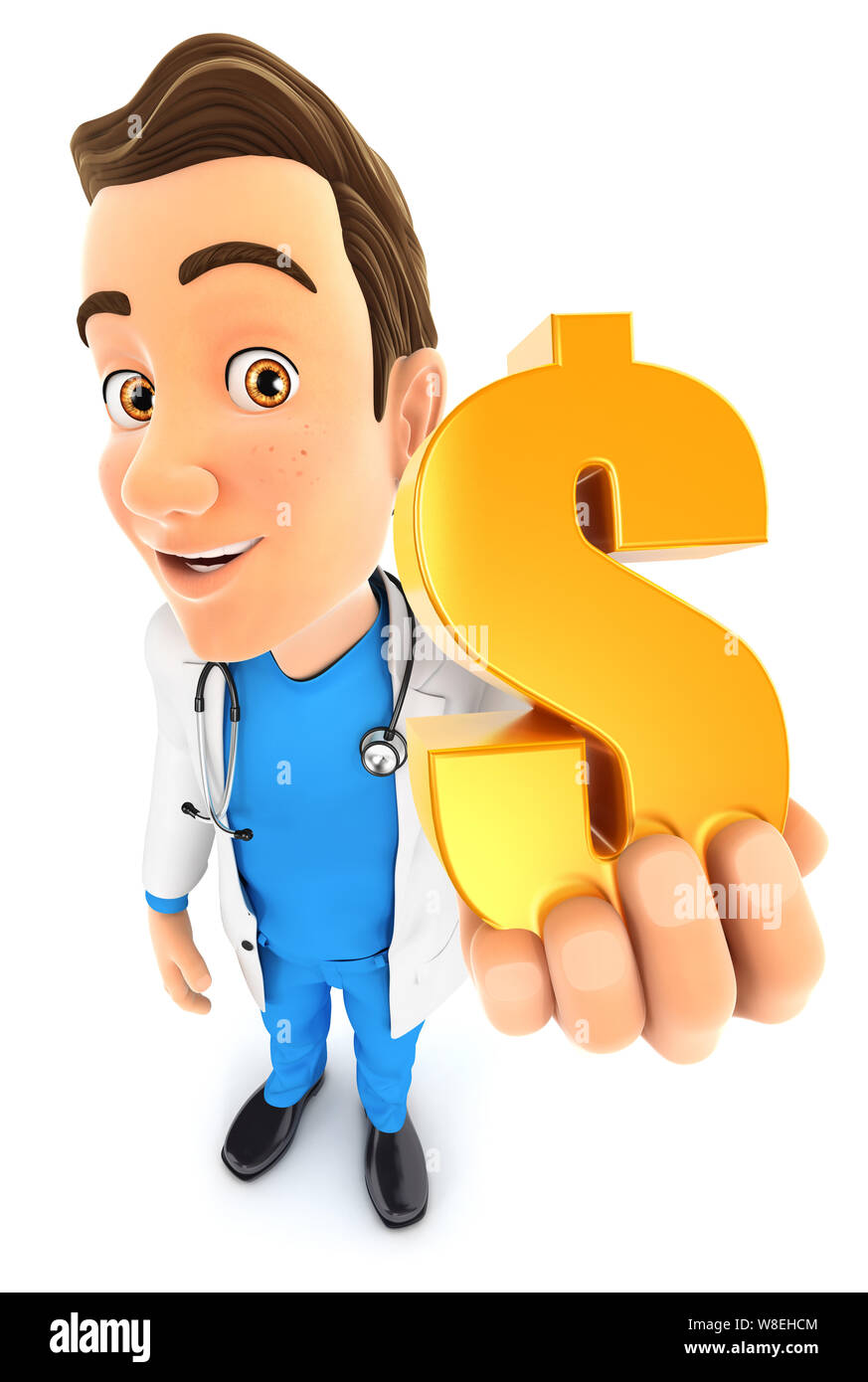 3d doctor holding gold dollar sign, illustration with isolated white ...