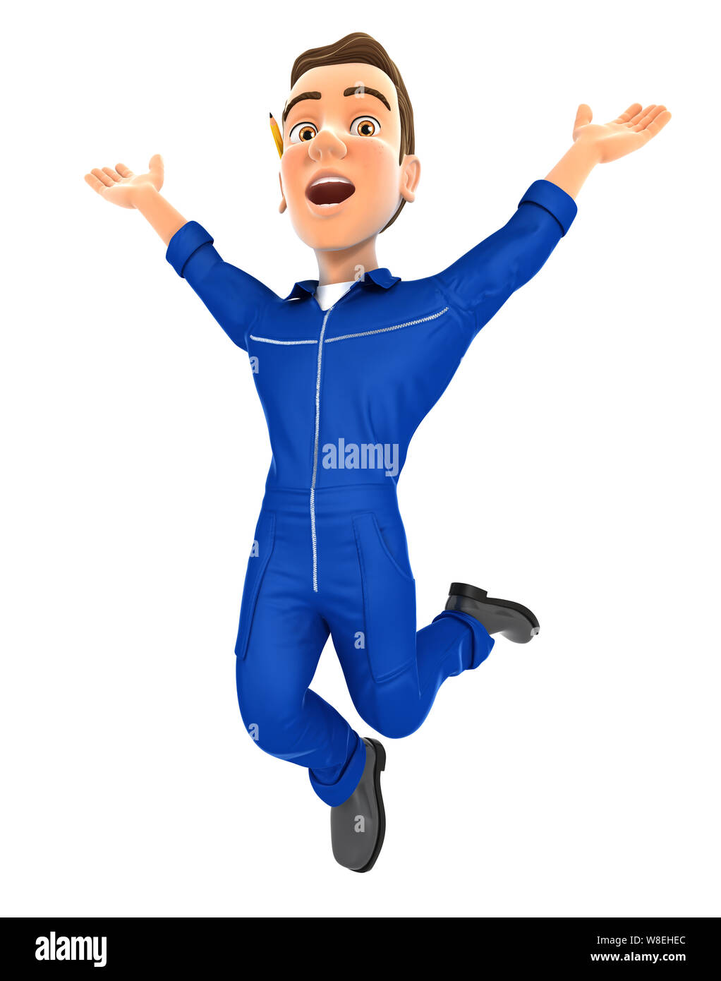 3d mechanic is jumping, illustration with isolated white background ...