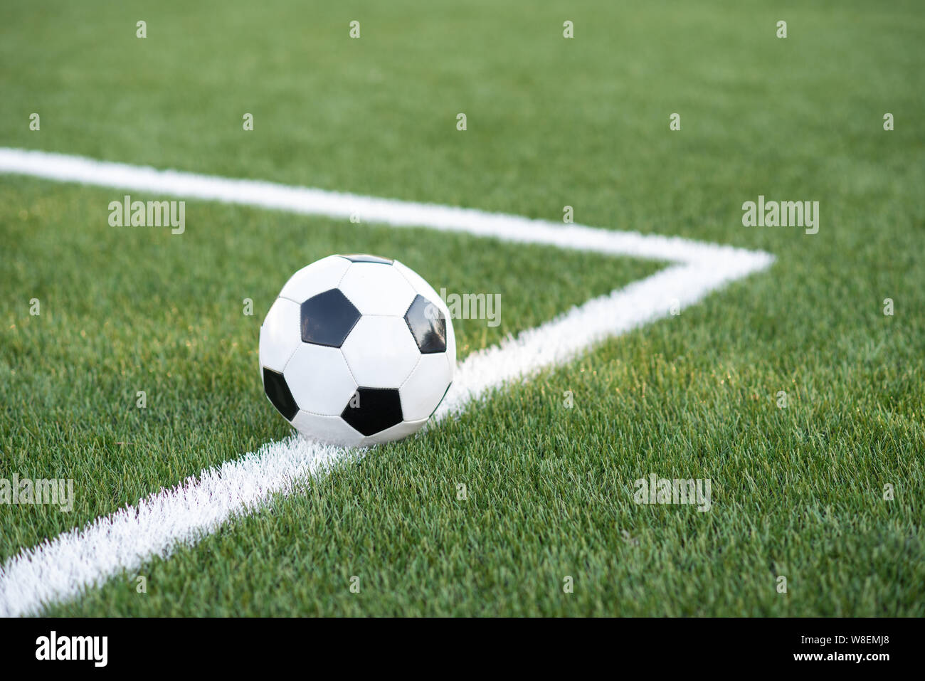Traditional soccer ball on the grass. Ball on gras in soccer stadium ...