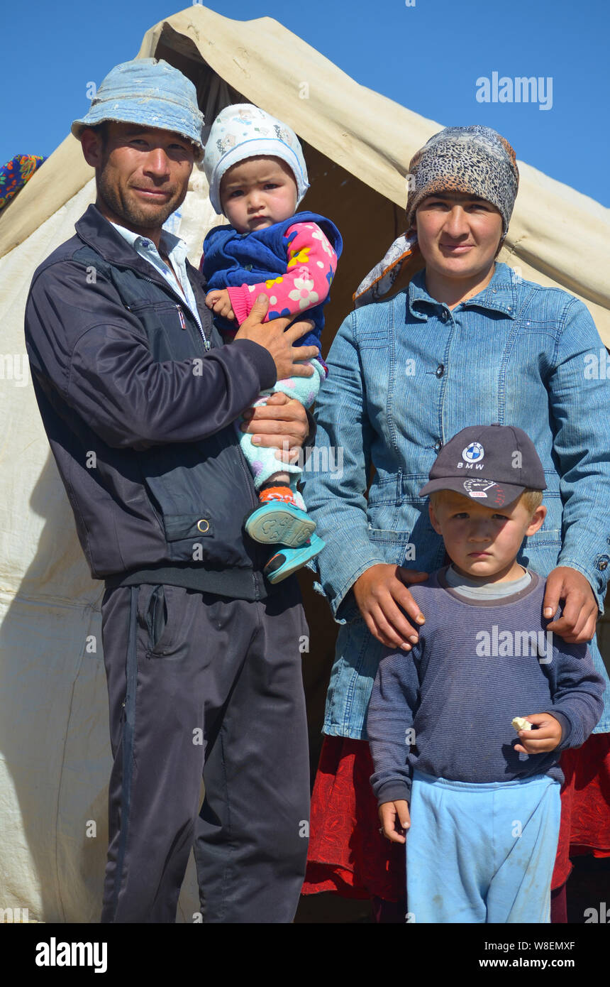 Nomadic shepherd family in their yurt at the Hissar mountains ...