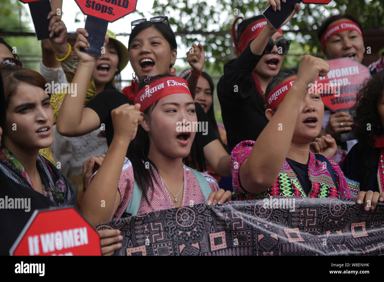 Nepalese Indigenous women chant slogans during the march.Hundreds of ...