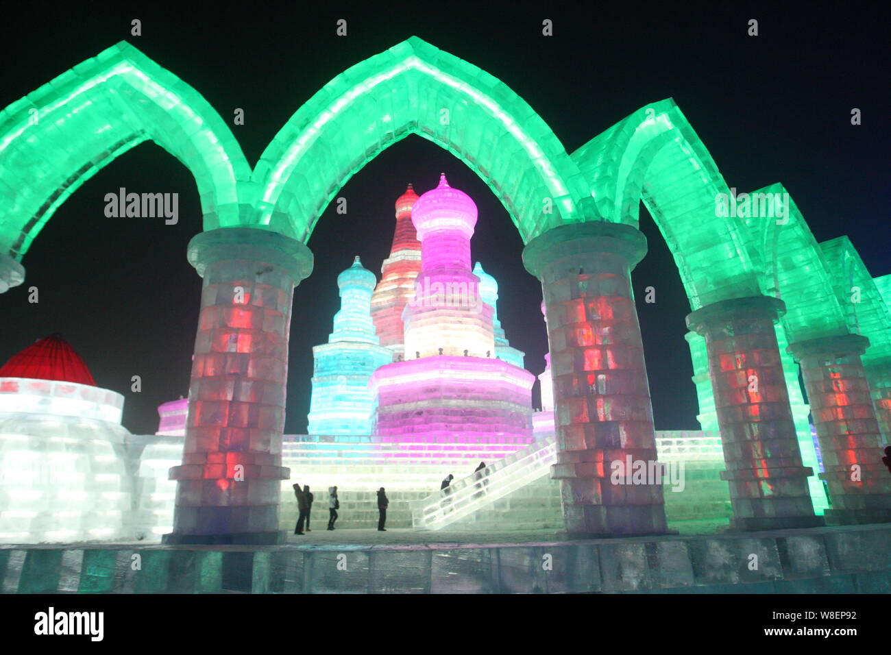 Night view of ice sculptures ahead of the 32nd Harbin International Ice ...