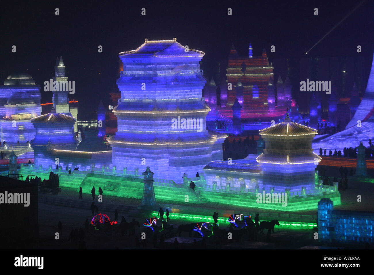 Night view of ice sculptures ahead of the 32nd Harbin International Ice ...