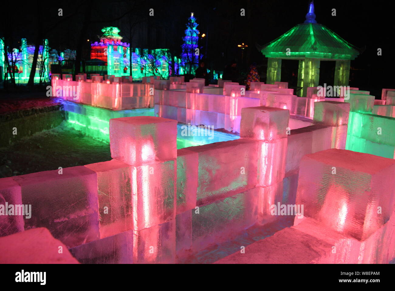 Night view of ice sculptures ahead of the 42nd Harbin International Ice ...