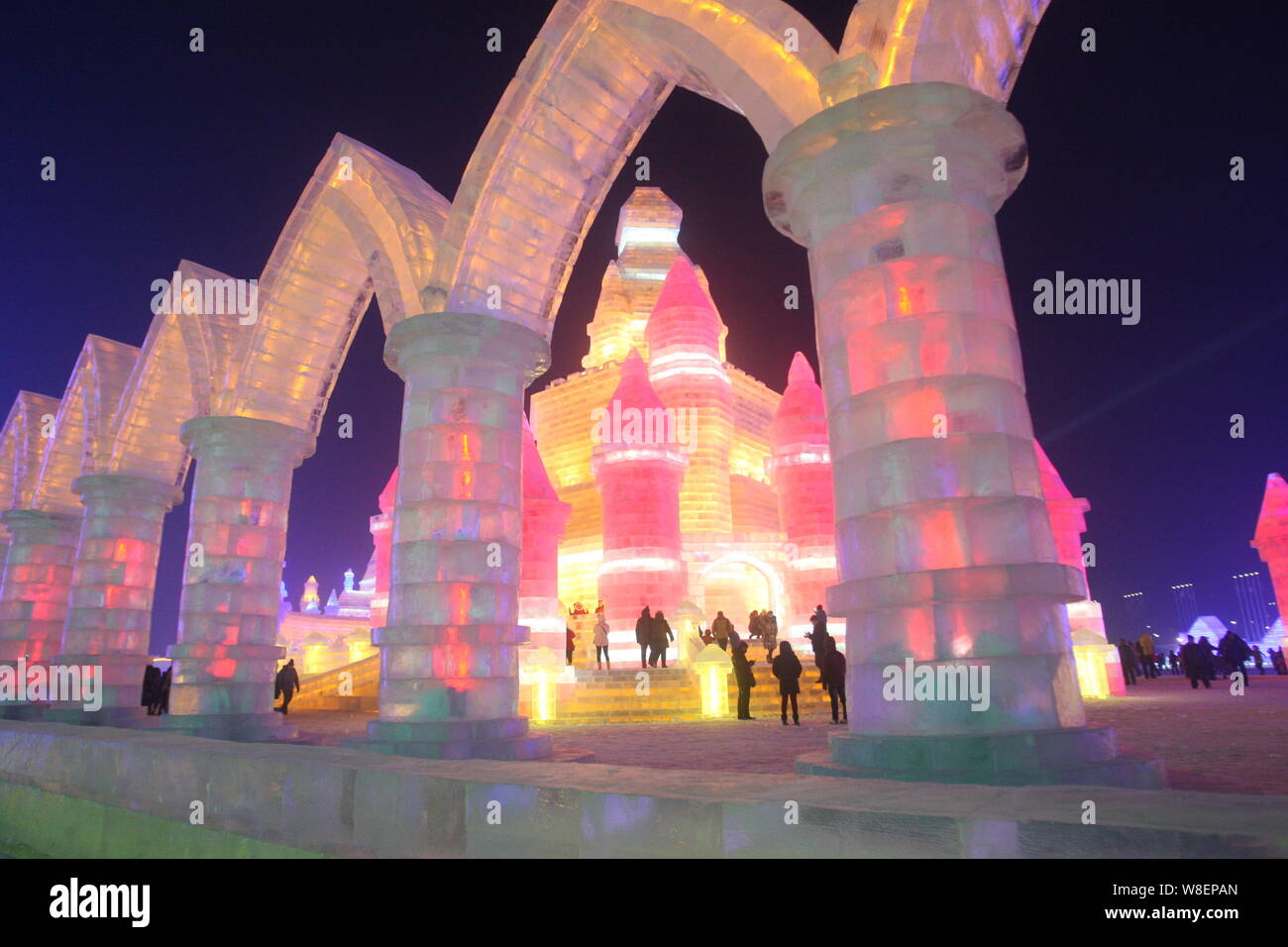 Night view of ice sculptures ahead of the 32nd Harbin International Ice ...
