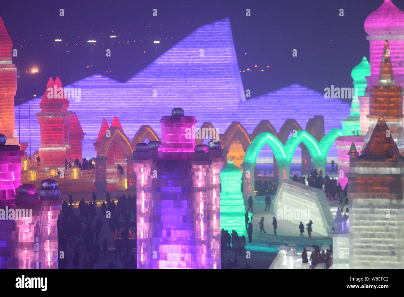 Night view of ice sculptures ahead of the 32nd Harbin International Ice ...