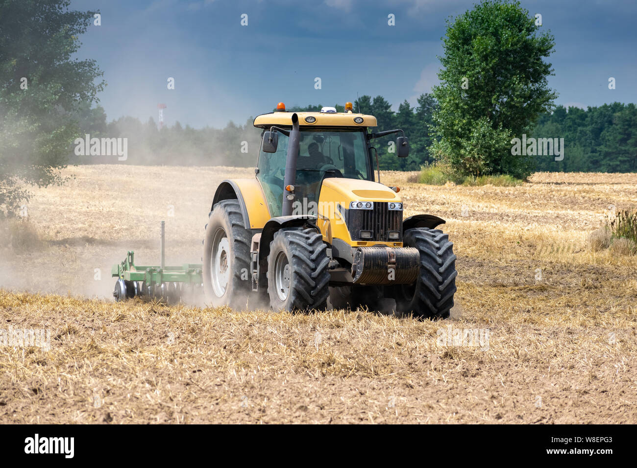 Tractor cultivating the field of wheat after harvesting Stock Photo - Alamy