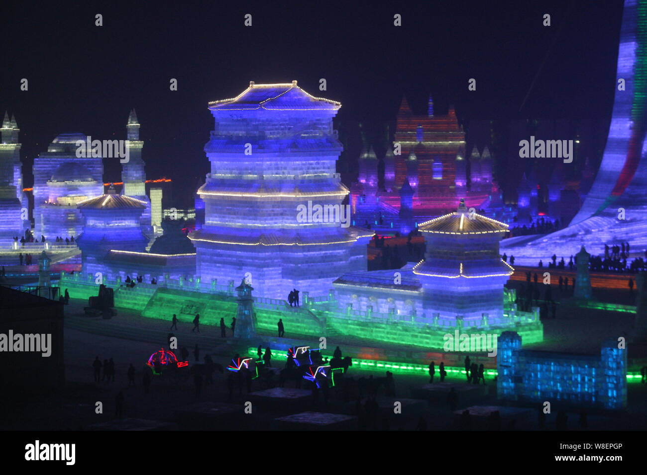 Night view of ice sculptures ahead of the 32nd Harbin International Ice ...