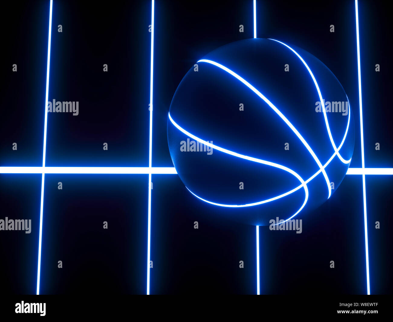3D rendering of single blue neon basketball ball not moving on top of ...