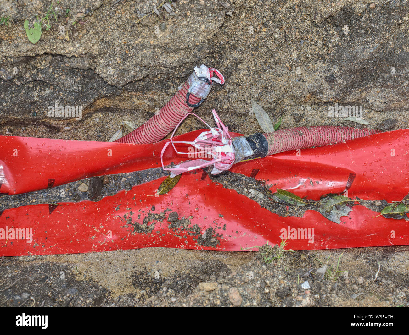 Wire protection for city light system in park. Steel grounding cable in ...