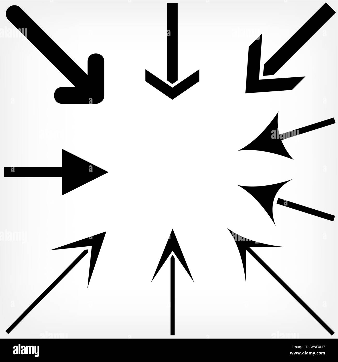 Black arrows set on white background. Different thin thick bold arrow ...