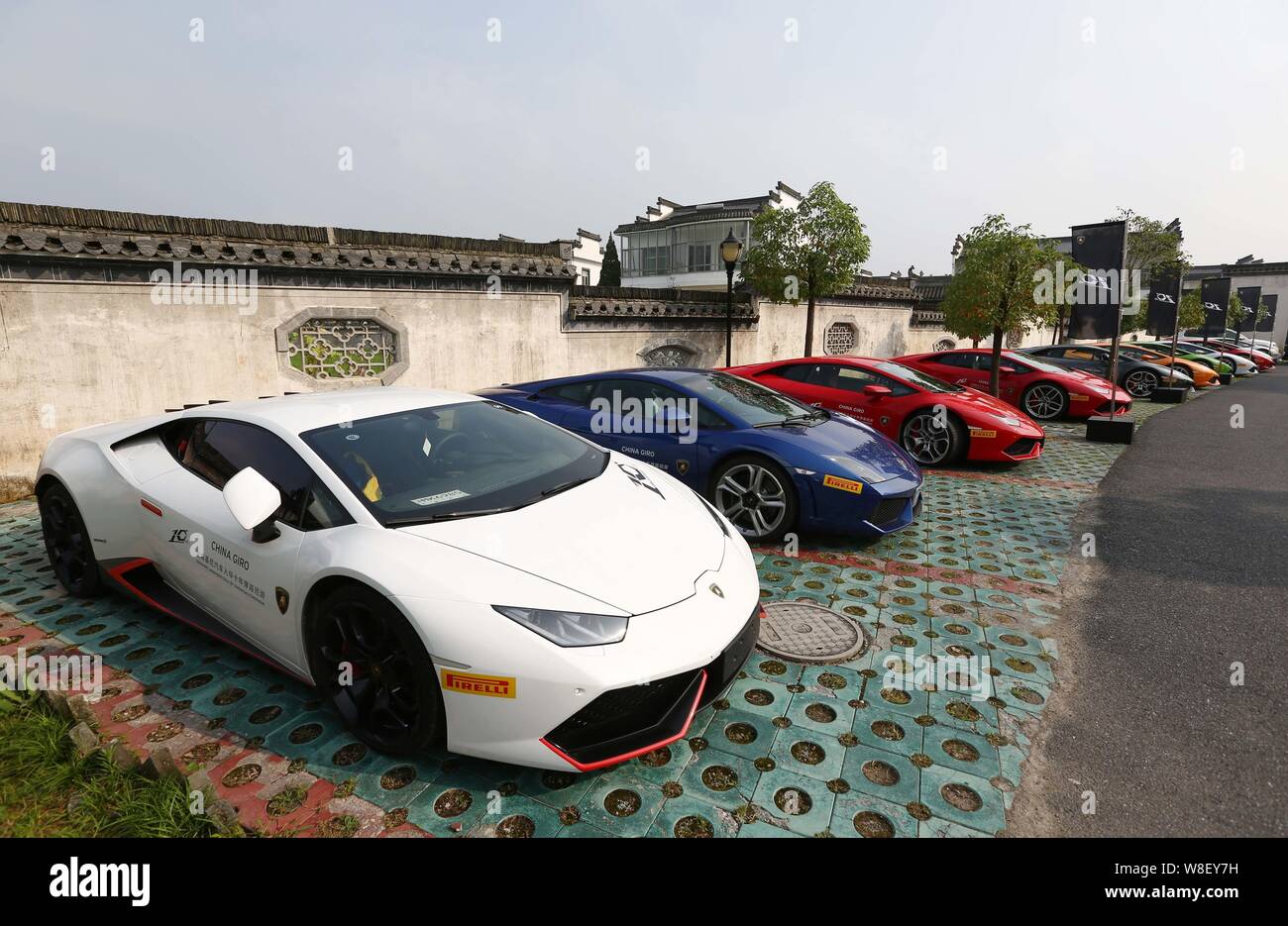 Lamborghini sports cars are on display in the ancient town of Huizhou ...