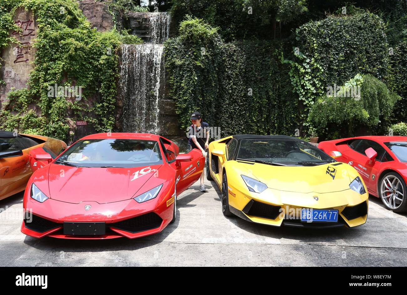 Lamborghini sports cars are on display in the ancient town of Huizhou ...