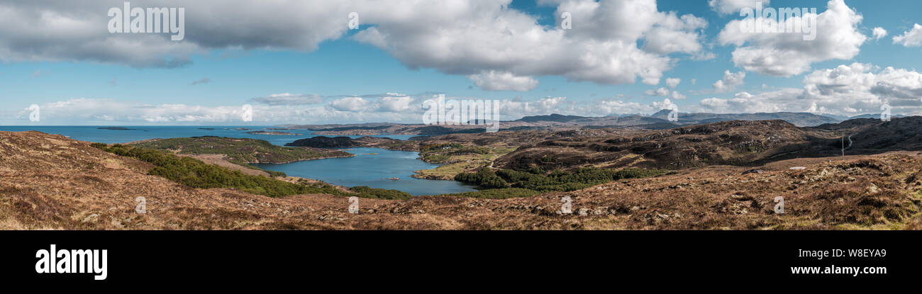 Panoramic view over Ardvar, Loch Ardbhair and islands out to sea on the ...