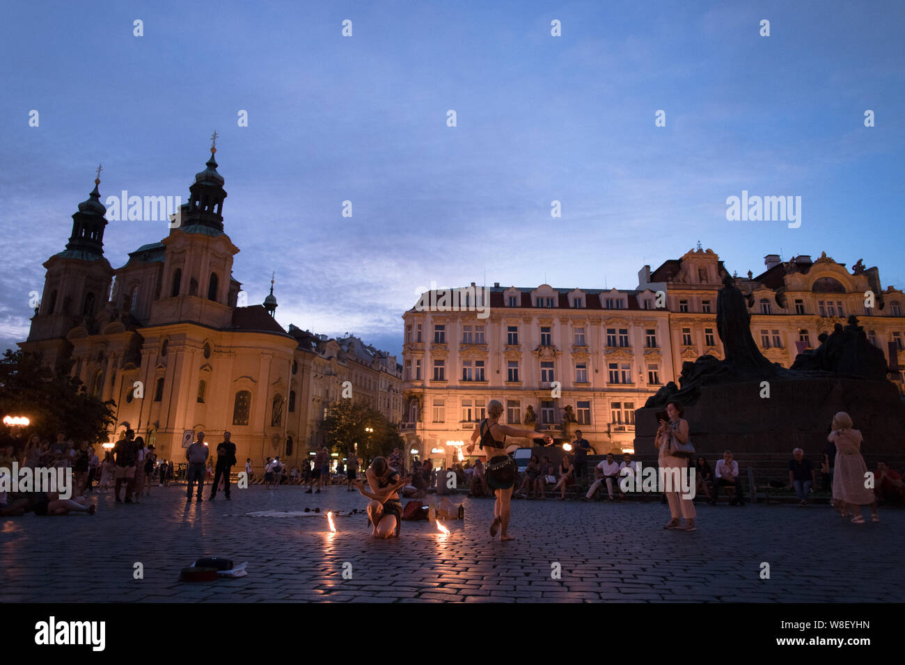 Prague, Czech Republic - July 22, 2019: Two Female fire dancers on ...