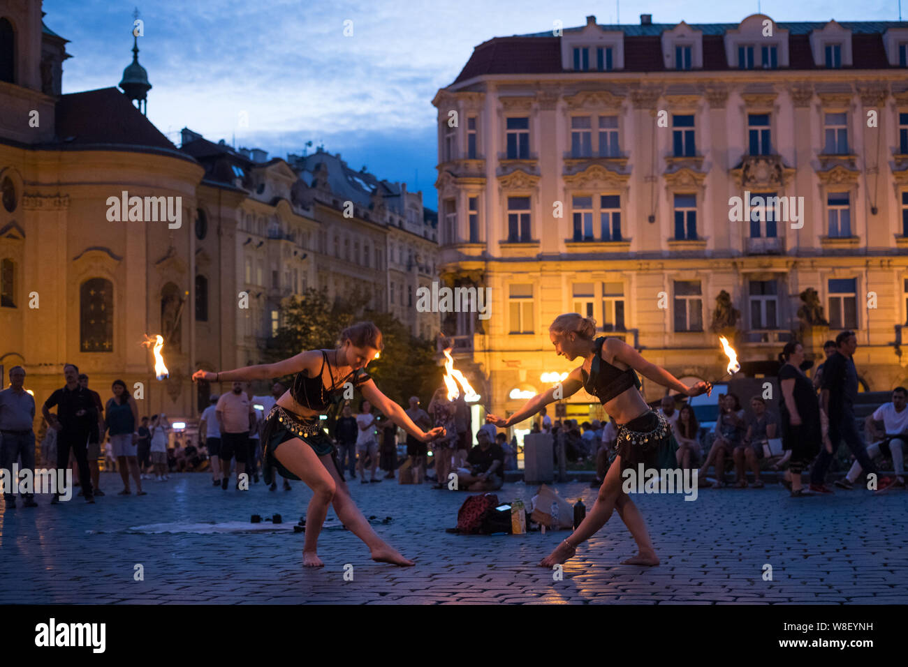 Prague, Czech Republic - July 22, 2019: Two Female fire dancers on ...