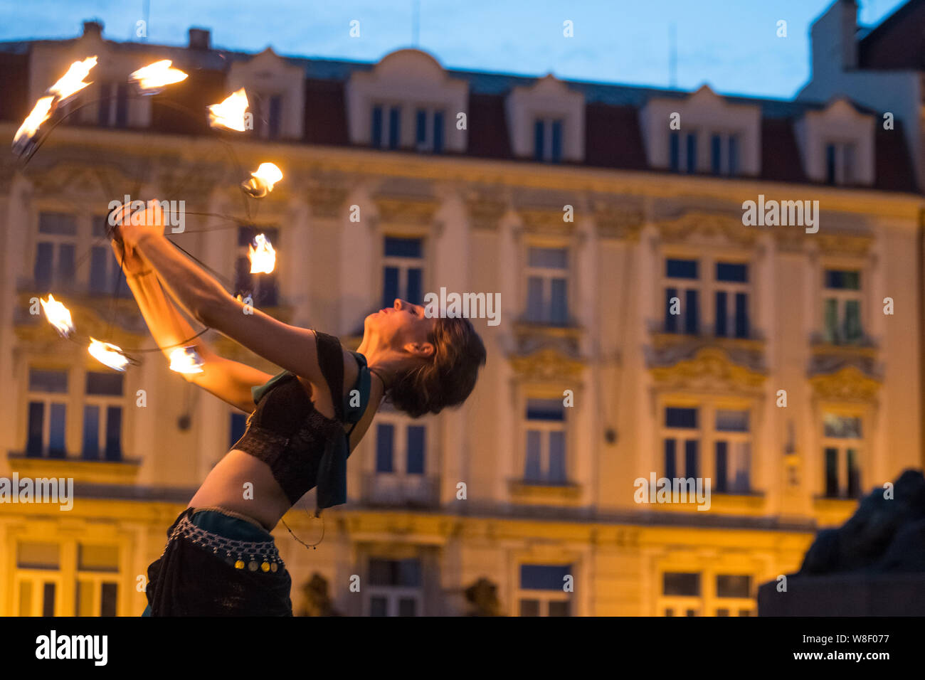 Prague, Czech Republic - July 22, 2019: Two Female fire dancers on ...