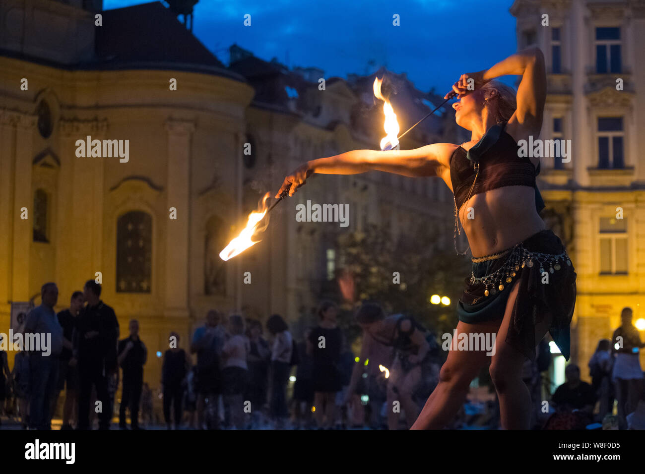 Prague, Czech Republic - July 22, 2019: Two Female fire dancers on ...
