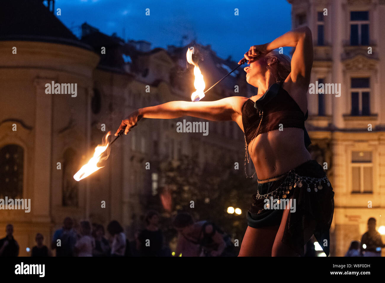 Prague, Czech Republic - July 22, 2019: Two Female fire dancers on ...