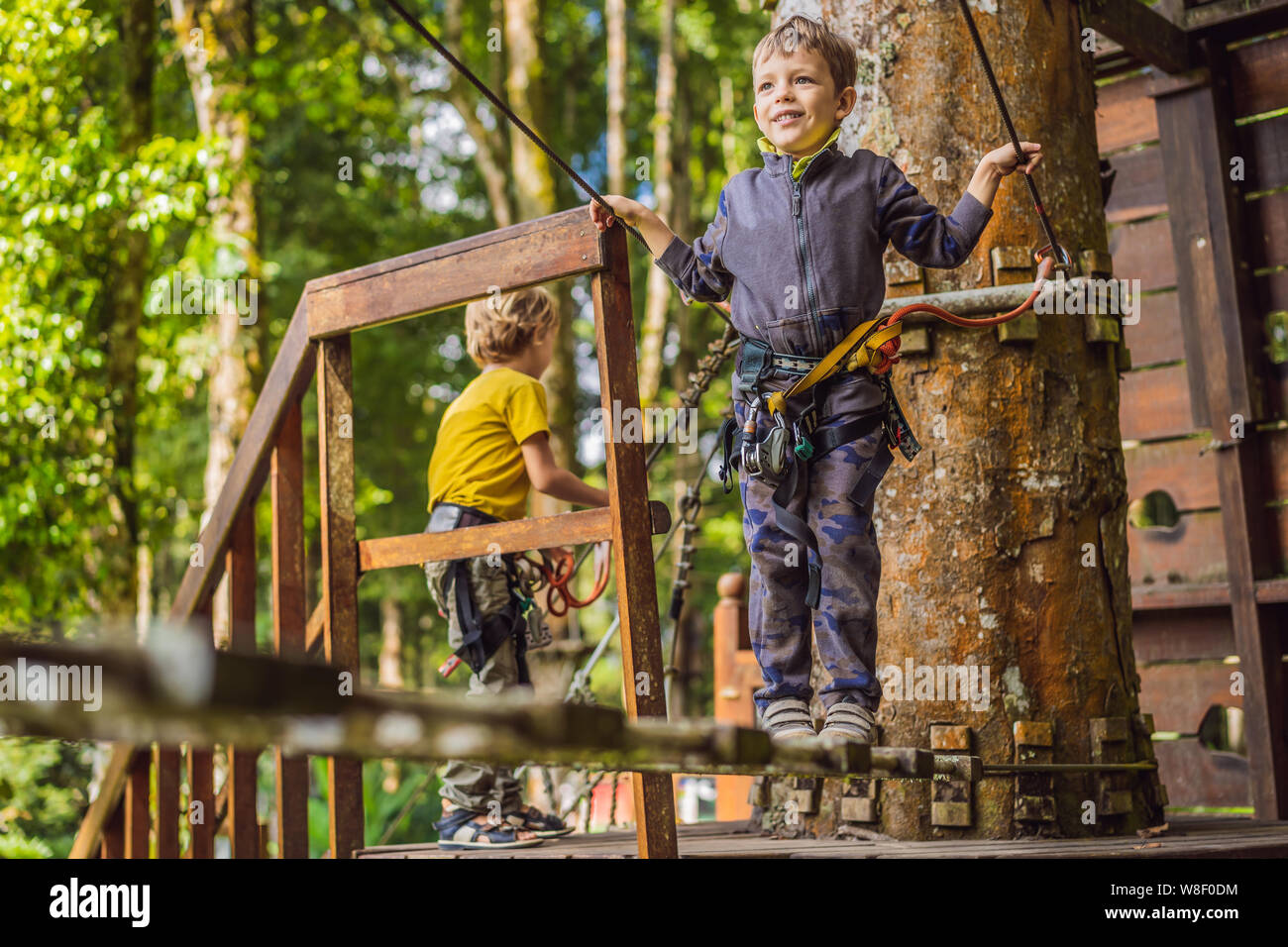 Two little boys in a rope park. Active physical recreation of the child ...