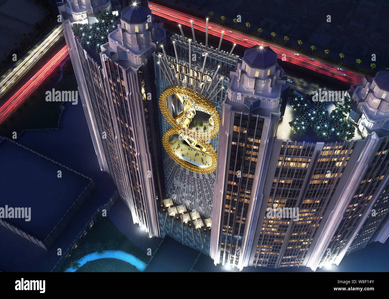 Night view of the Studio City Event Center (SCEC) at Studio City Macau ...