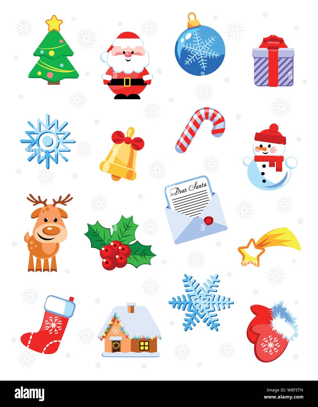 Set of 16 funny Christmas and New Year icons. Cartoon characters ...