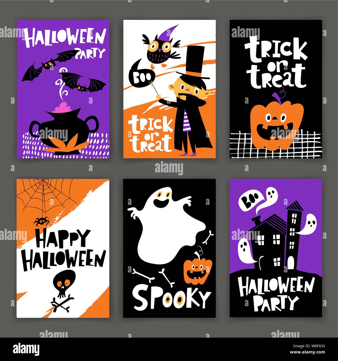 Set of vector Happy Halloween posters in cartoon flat retro style Stock ...