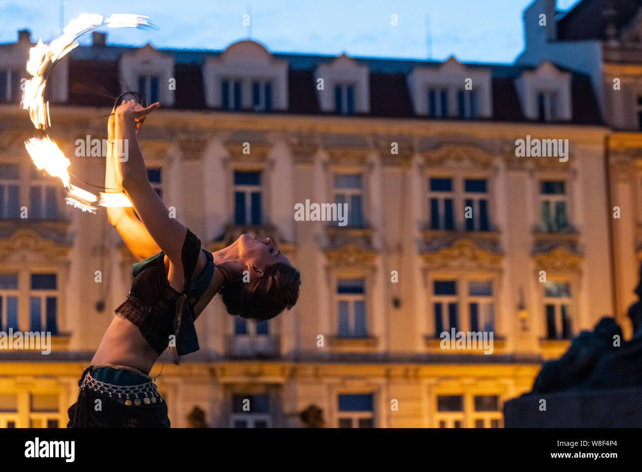 Prague, Czech Republic - July 22, 2019: Two Female fire dancers on ...