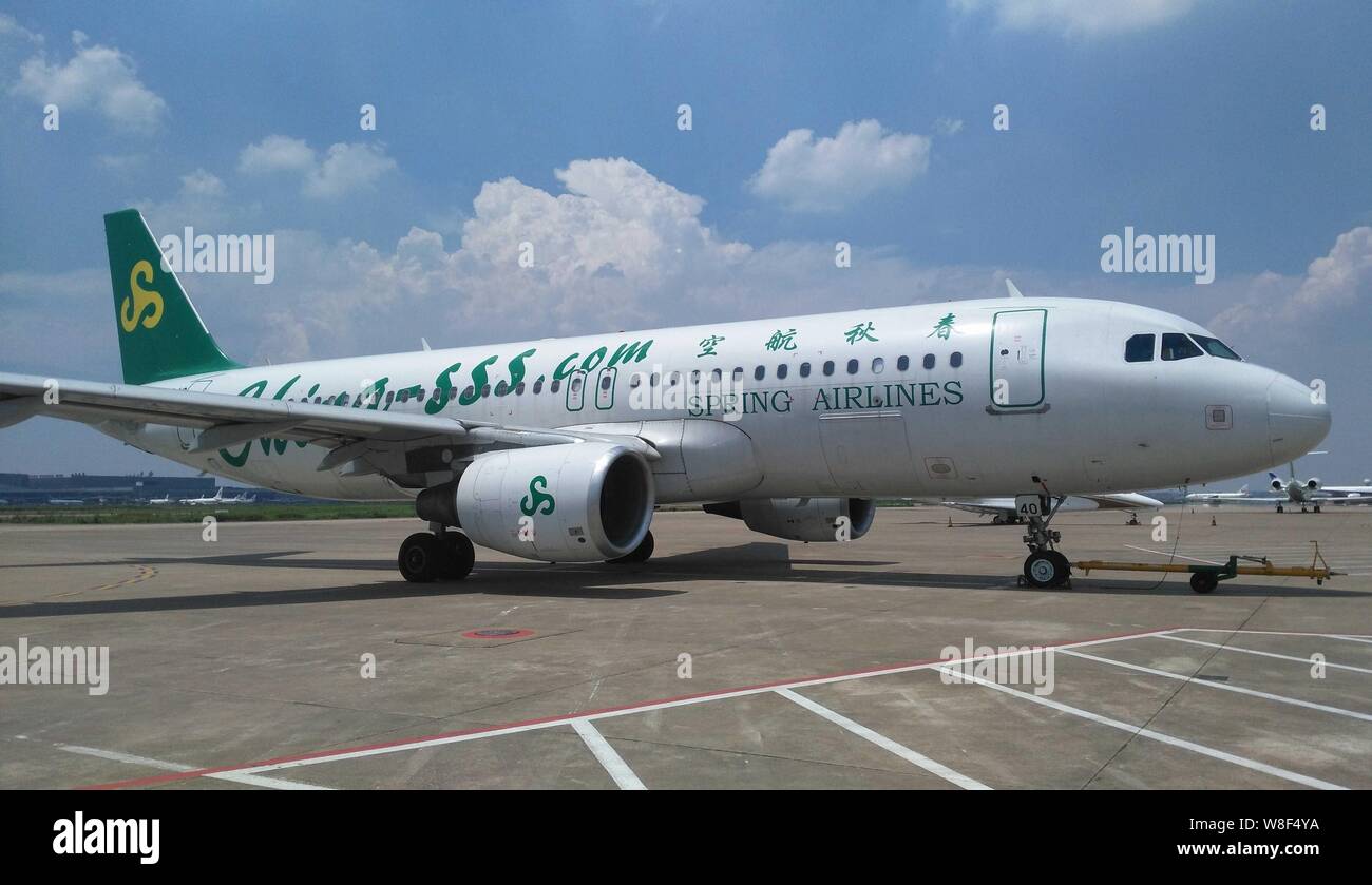 --FILE--A plane of Spring Airlines is pictured at the Shanghai Hongqiao ...