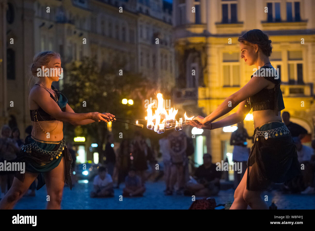 Prague, Czech Republic - July 22, 2019: Two Female fire dancers on ...