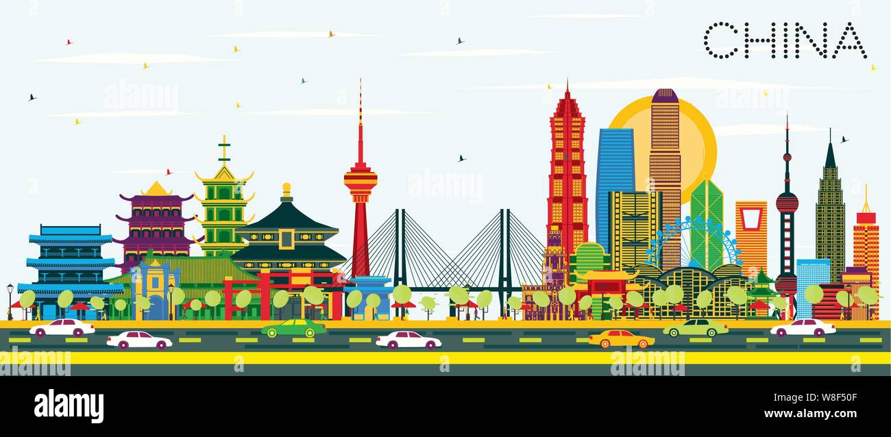 China City Skyline with Color Buildings. Famous Landmarks in China ...