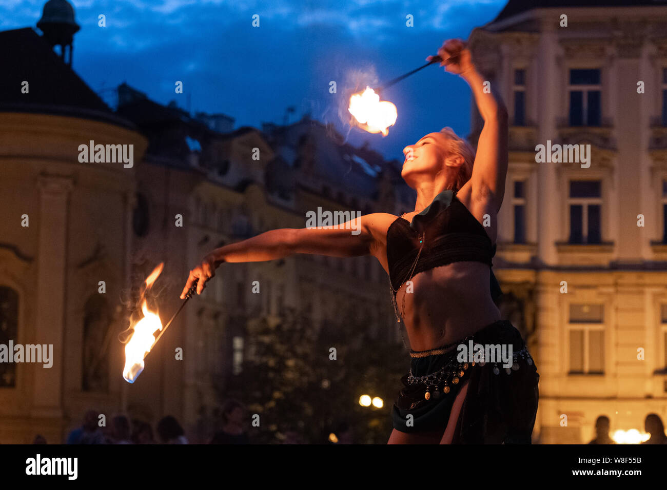 Prague, Czech Republic - July 22, 2019: Two Female fire dancers on ...