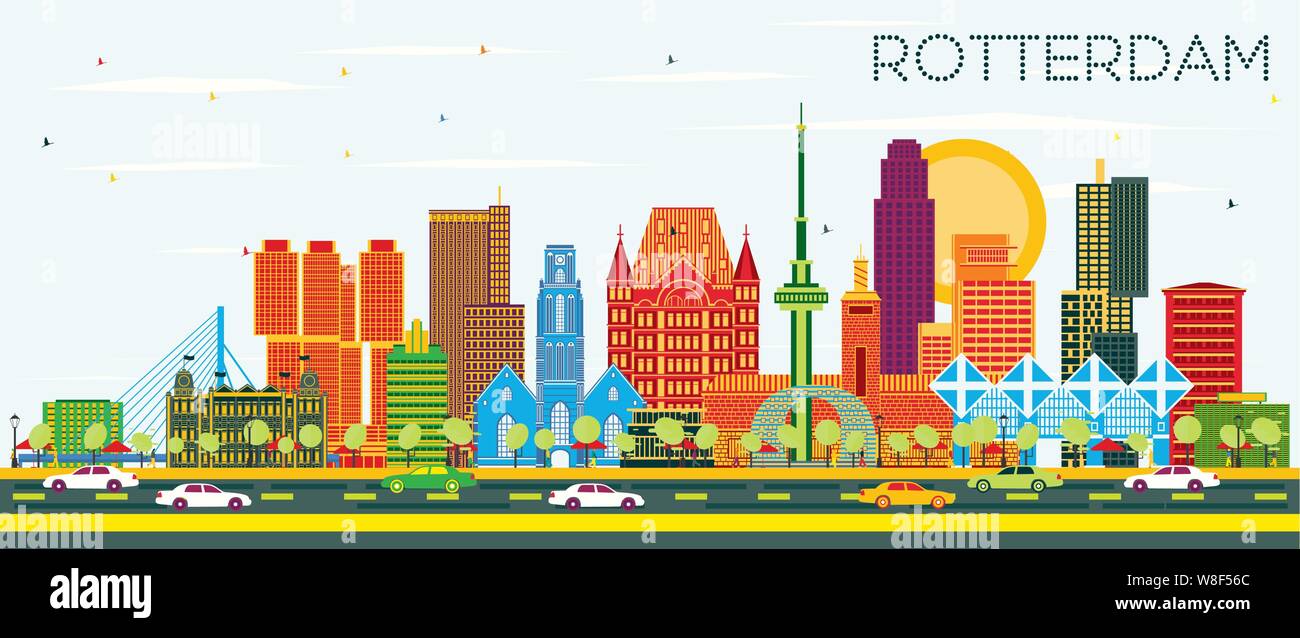 Rotterdam Netherlands City Skyline with Color Buildings and Blue Sky ...