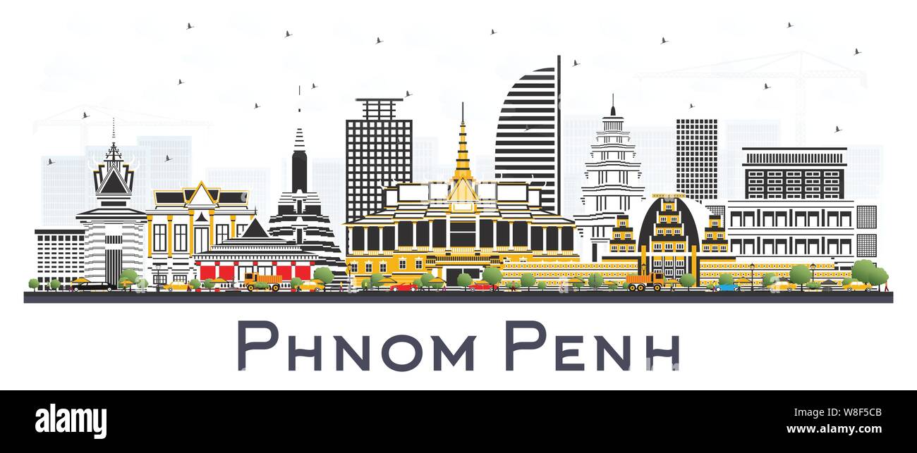 Phnom Penh Cambodia City Skyline with Color Buildings Isolated on White ...