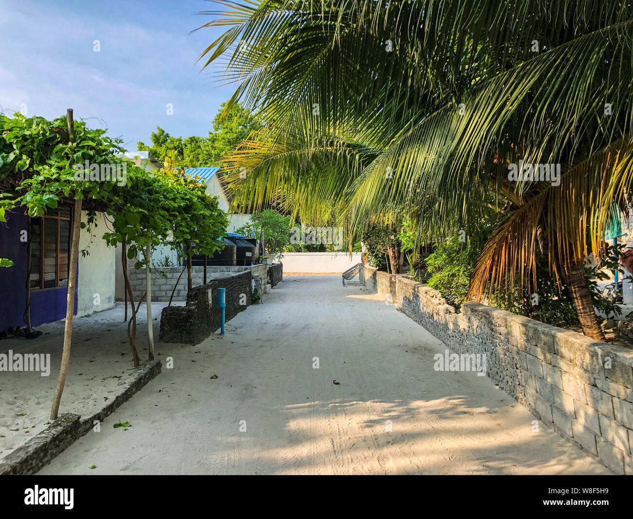Empty street in traditional Maldivian village on Fehendhoo island, Baa ...