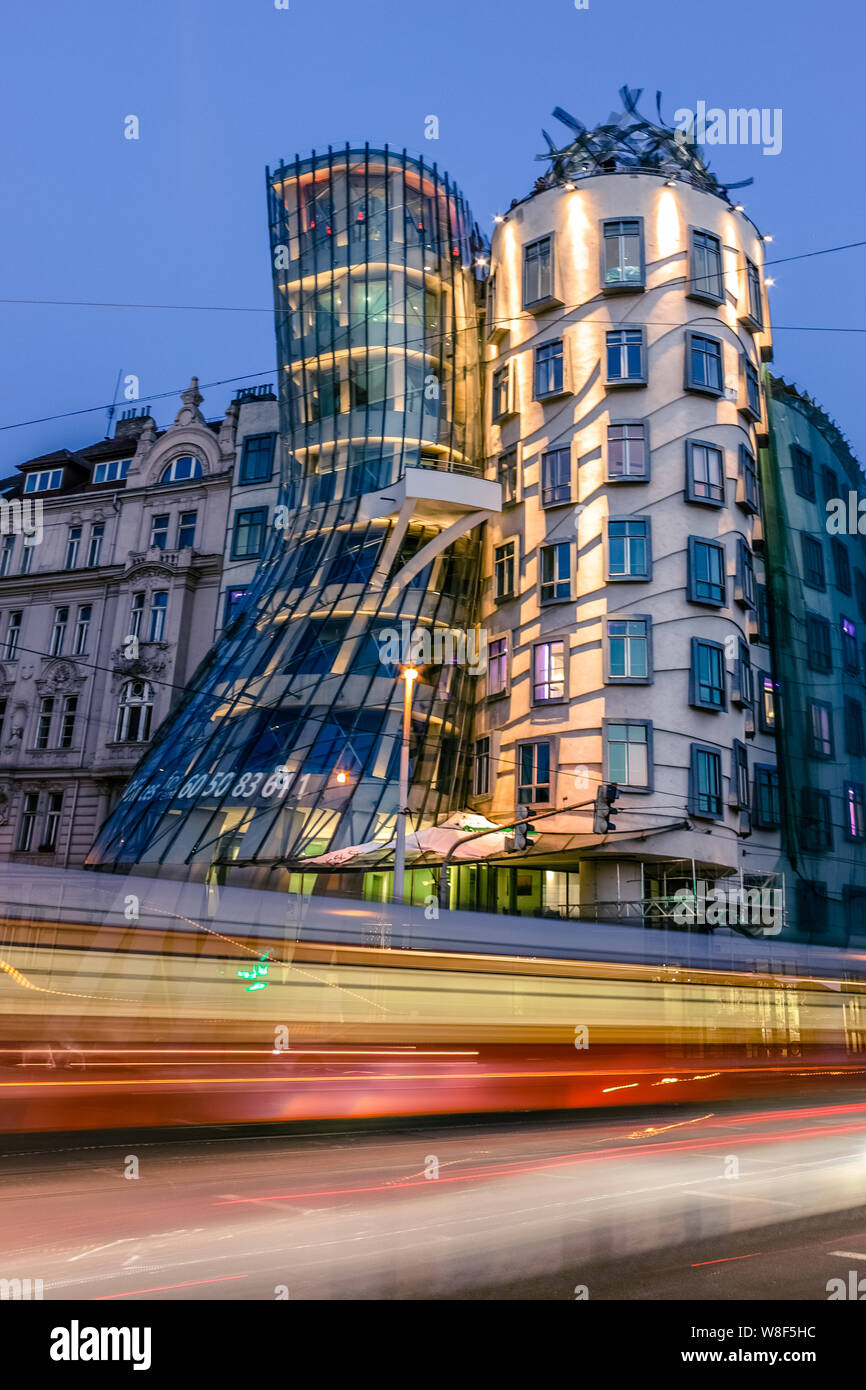 The Dancing House or Fred and Ginger building in Prague. Long exposure night scene of building ...