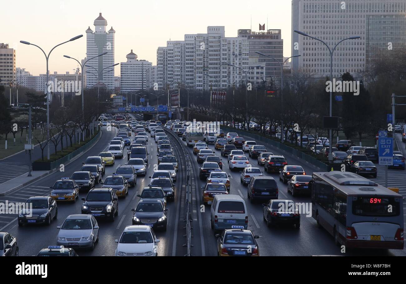 --FILE--Masses of vehicles overcrowd a road in a traffic jam during ...