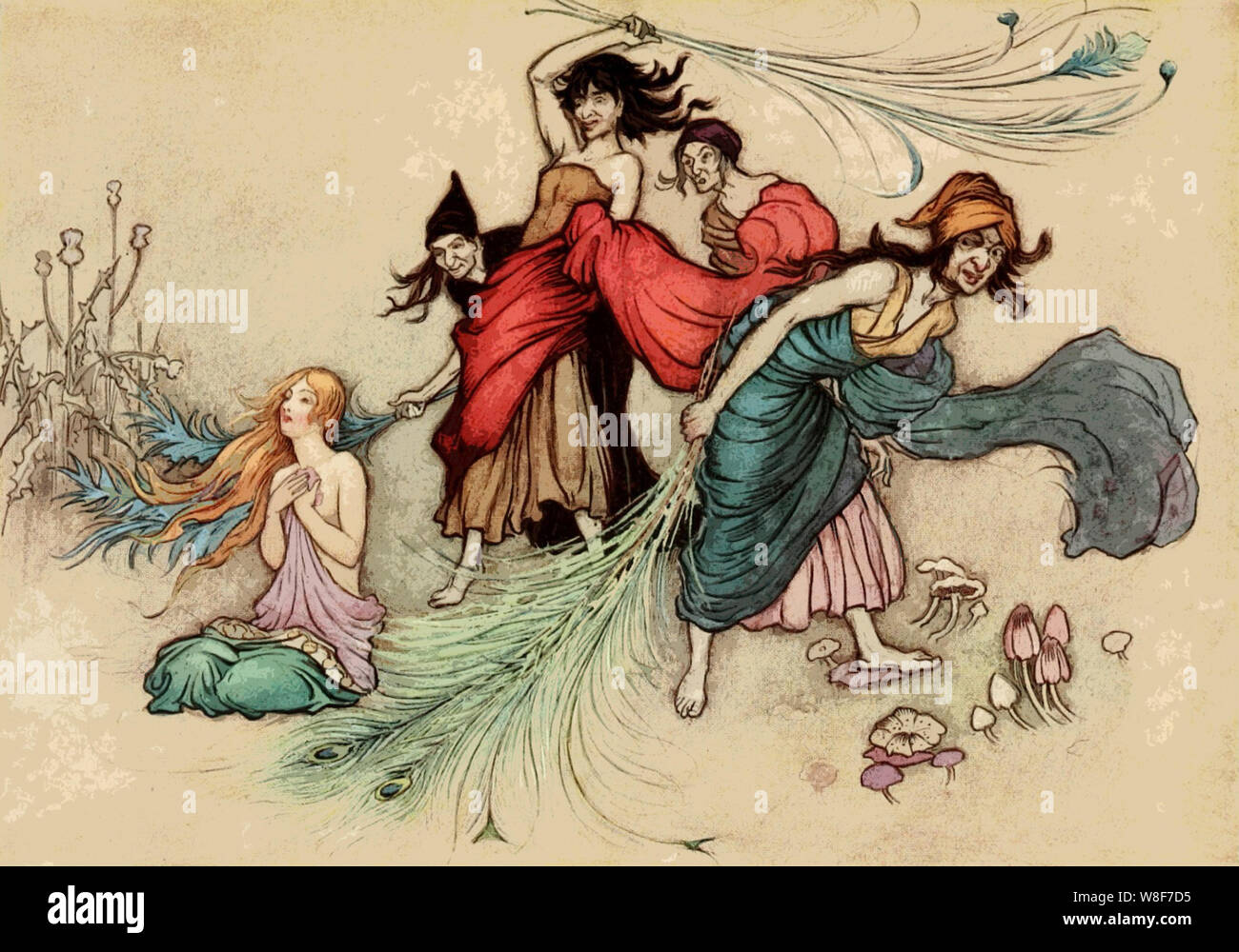 vintage arthur rackham illustration witches sneaking up on a girl Stock ...