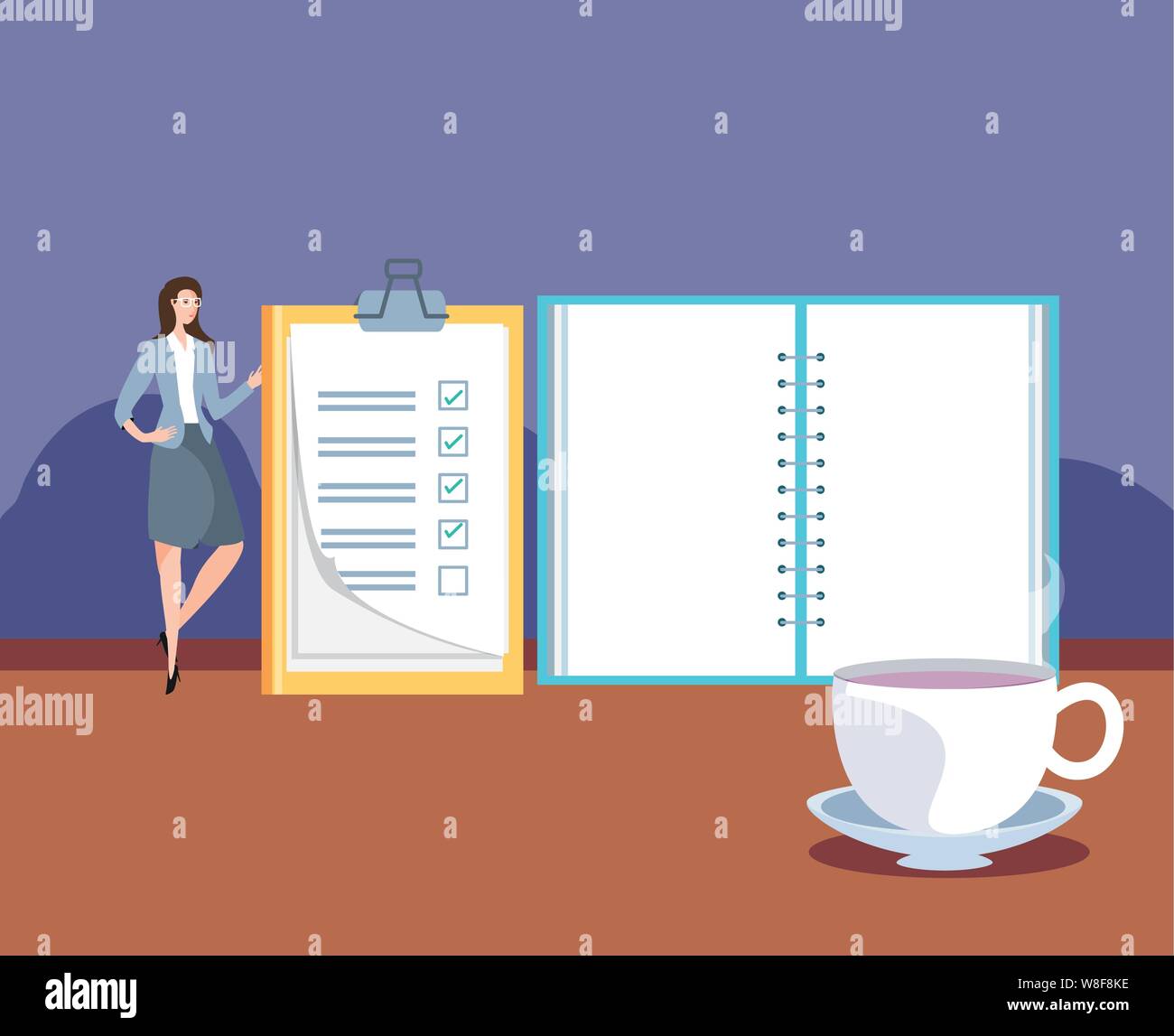 mini business woman with checklist in the workplace vector illustration ...
