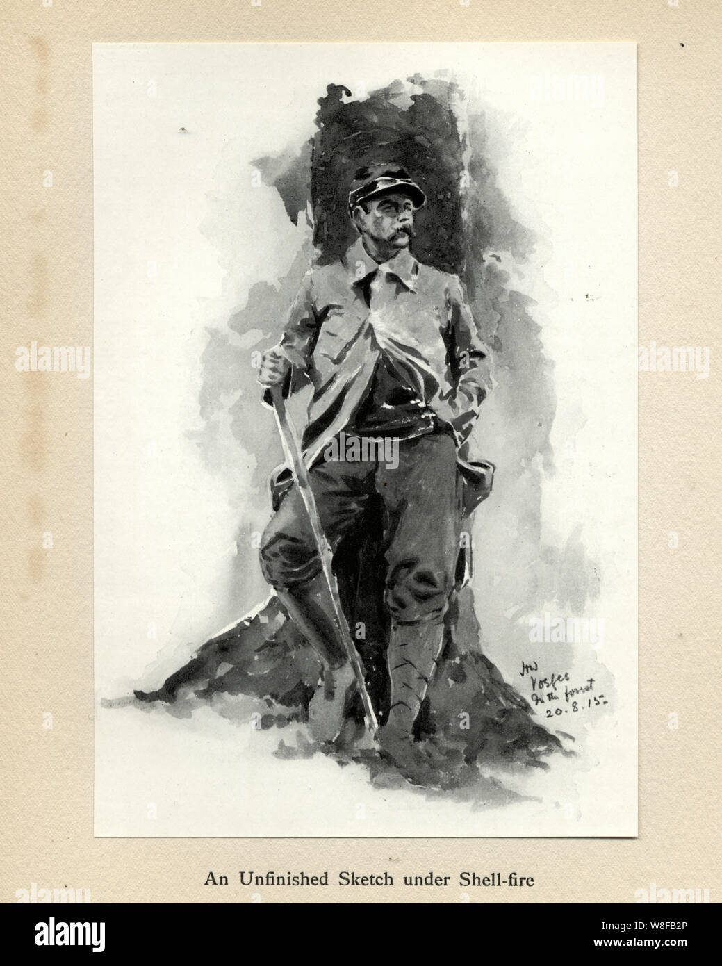 World Ward One, French soldier, Unfinished sketch under Shell fire ...