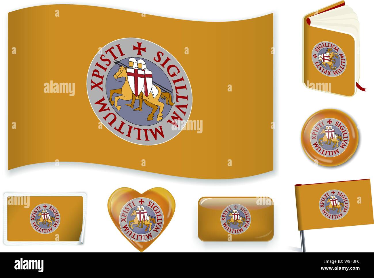 Vector illustration. Templar flag in wave, book, circle, pin, button ...