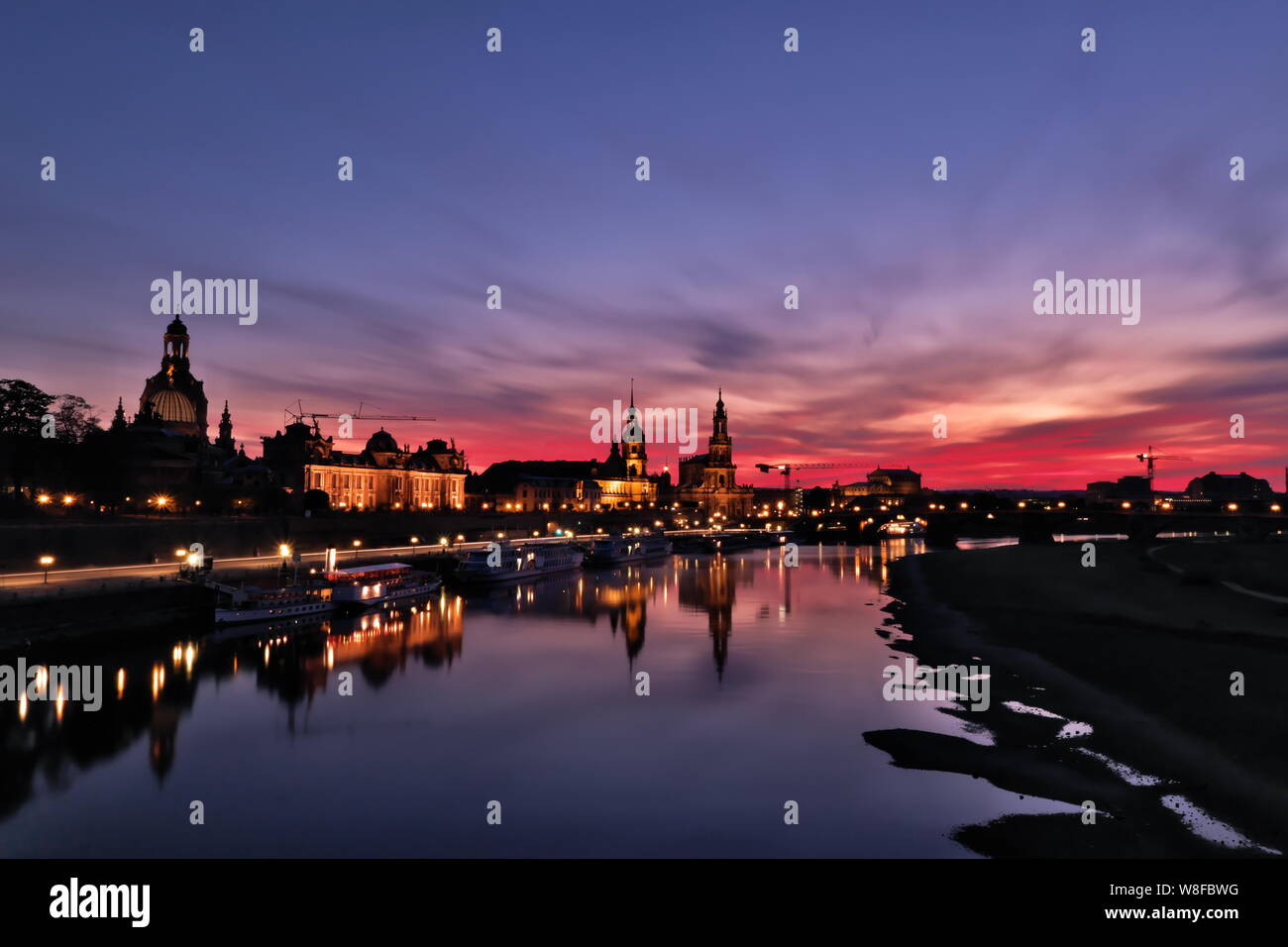 Historic city of Dresden during sunset viewed from Carolabrücke ...