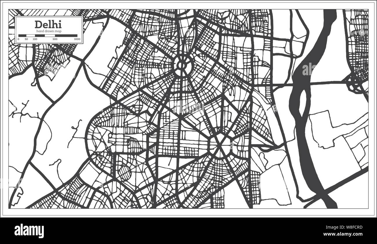 Delhi India City Map in Retro Style in Black and White Color. Outline ...