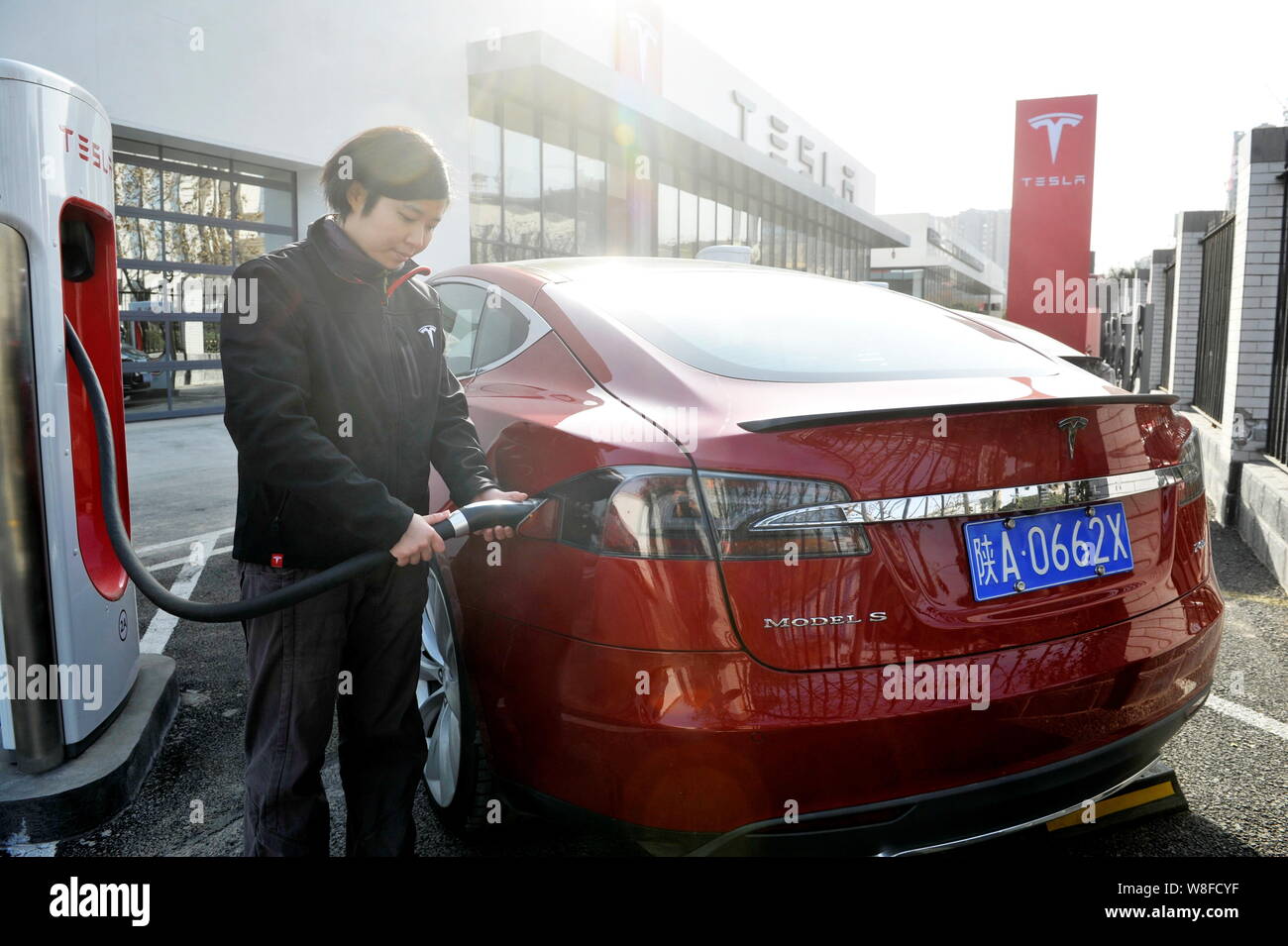--FILE--A Chinese employee recharges a Tesla Model S electric car at a ...